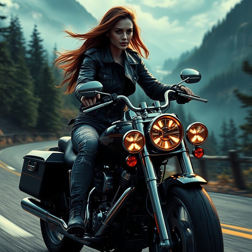 Woman Riding Harley Road King in Dreamlike Landsca... - AI Art