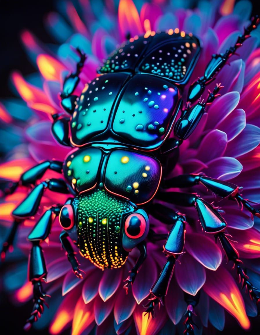 Close-up of a bioluminescent beetle on a large neon flower filled with ...