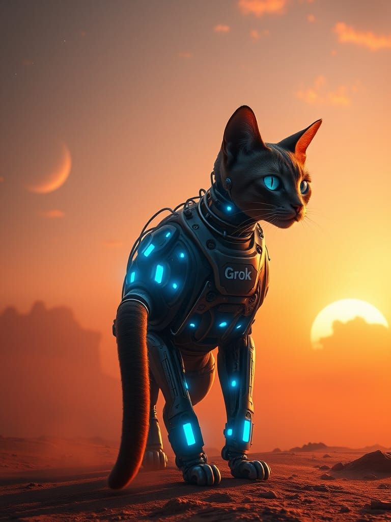 a mystical cyborg cat emerging from the Martian fog with 'Grok' writing ...