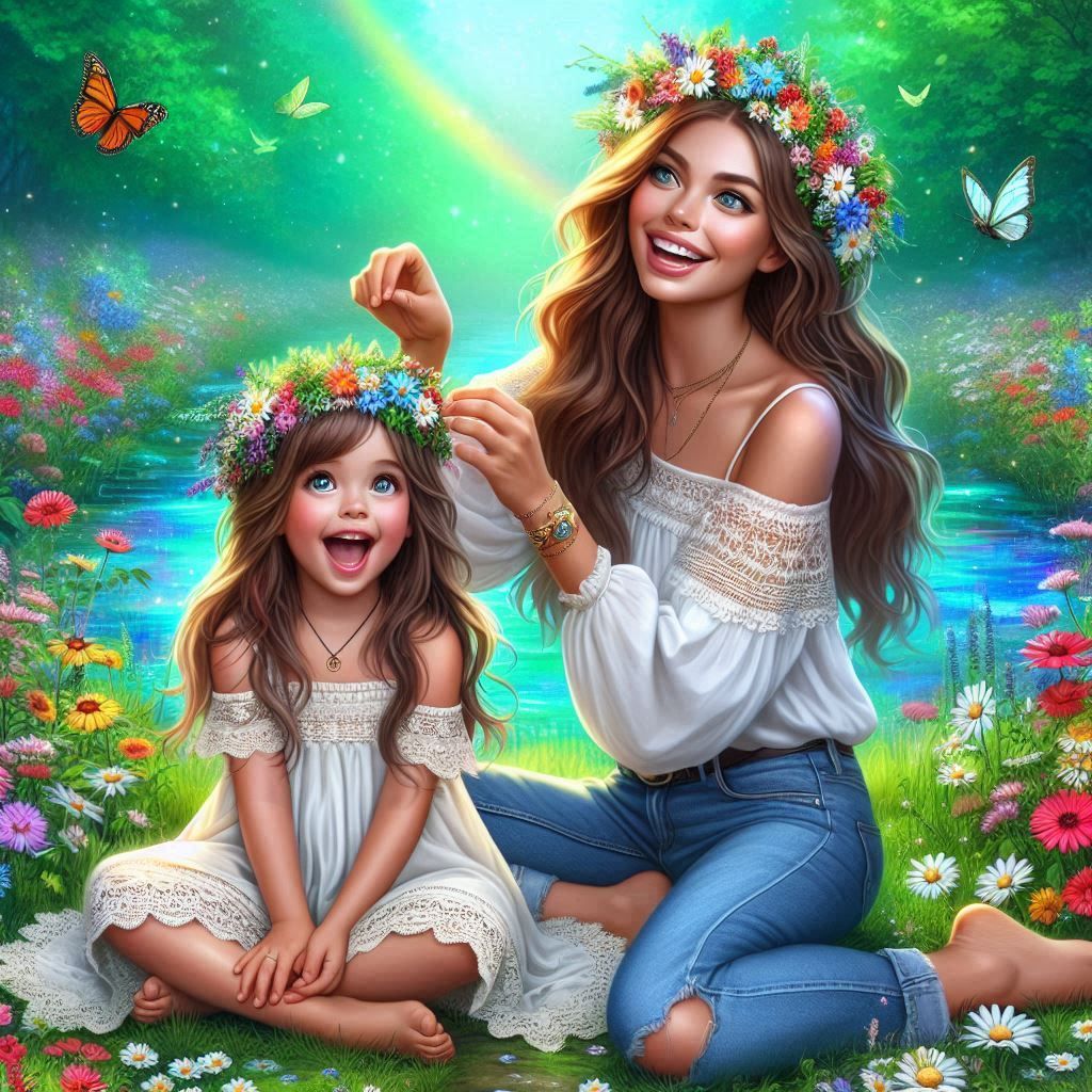Mother, Daughter Flower Fun - AI Generated Artwork - NightCafe Creator