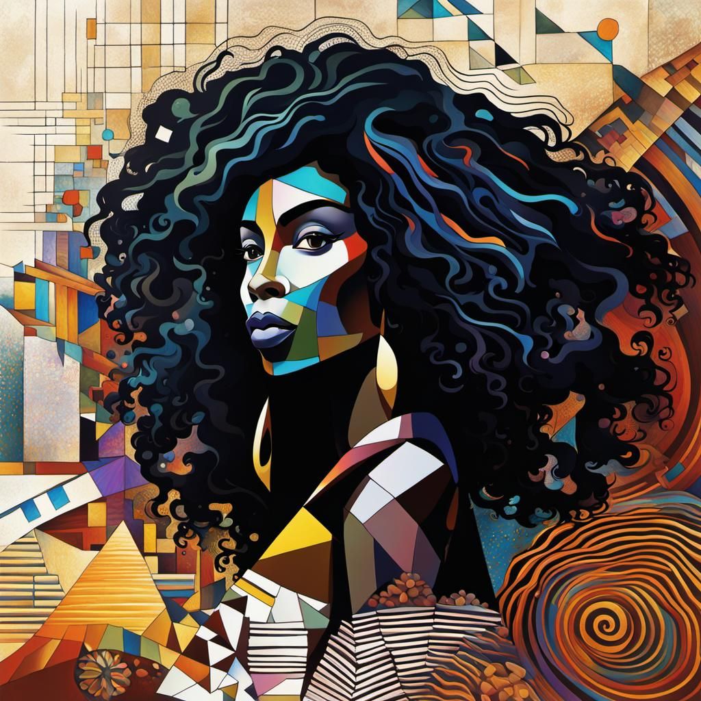 Abstract art: A beautiful black woman with curly, flowing black hair ...
