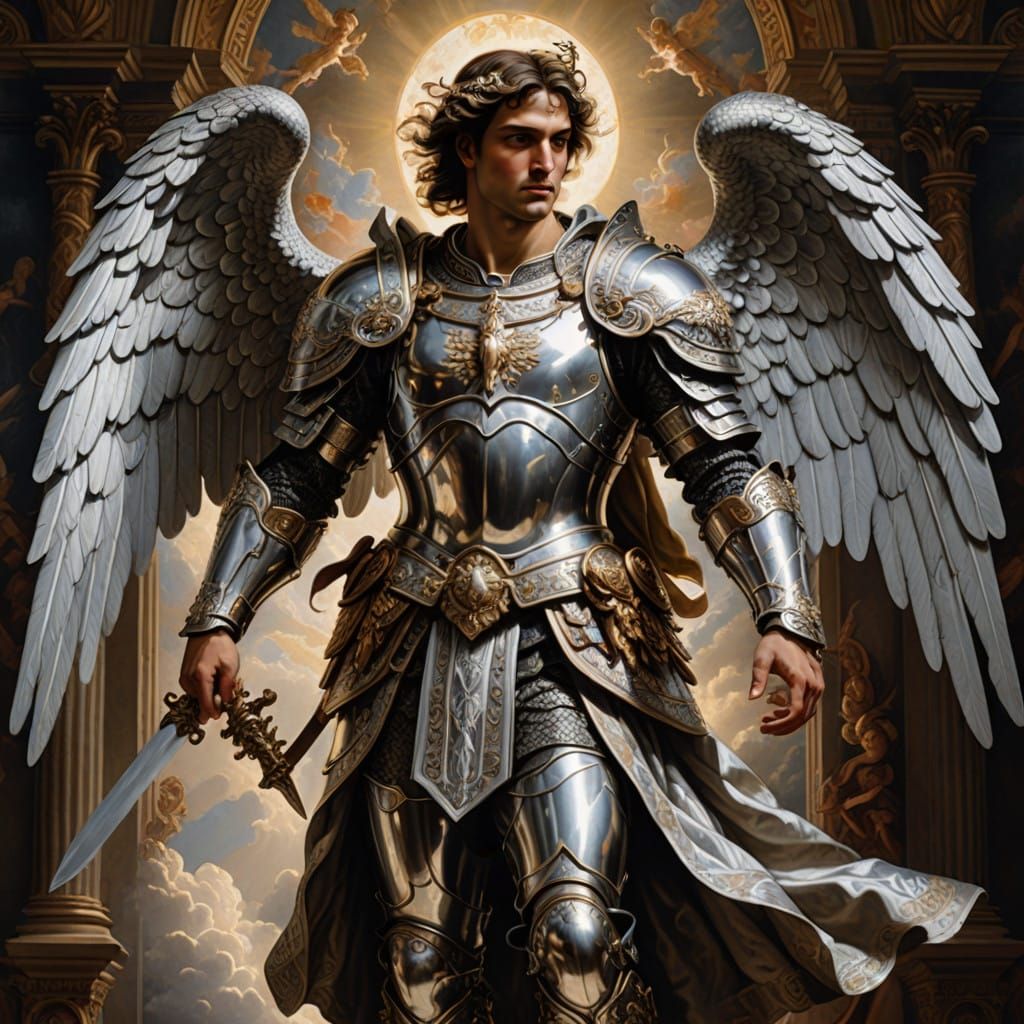 Impressive angel Gabriel dressed in full.armour