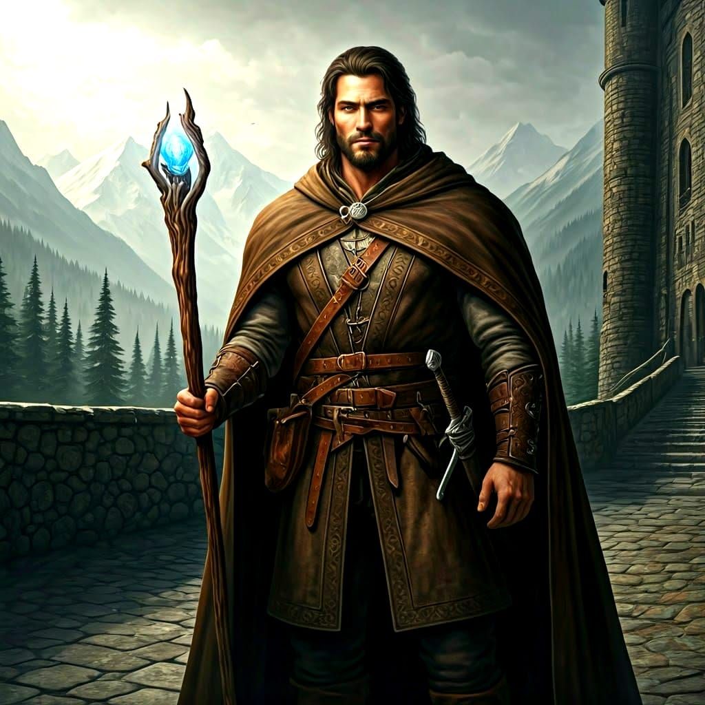 Dungeons and Dragons Wizard in Castle Courtyard - AI Art