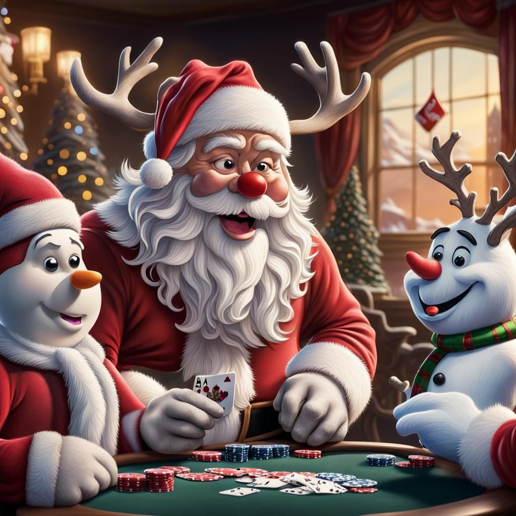 Santa Playing Poker with Rudolph and Frosty - AI Art