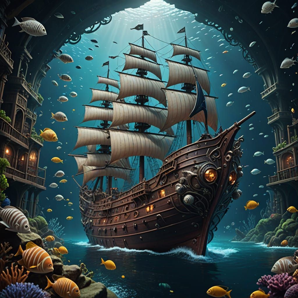 The mythical Nautilus ship in a school of fish