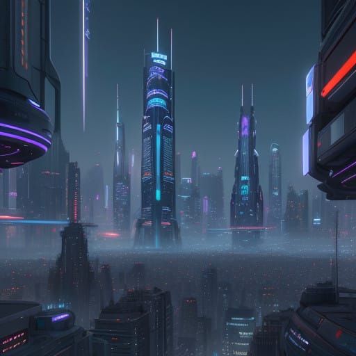 Neon Futuristic Cityscape with Flying Cars and Sky... - AI Art