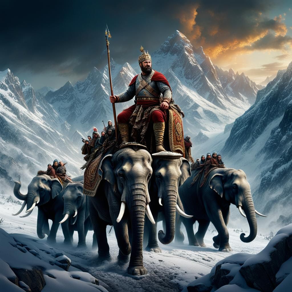 Hannibal Barca crossing the Alps with his elephants... - AI Generated ...