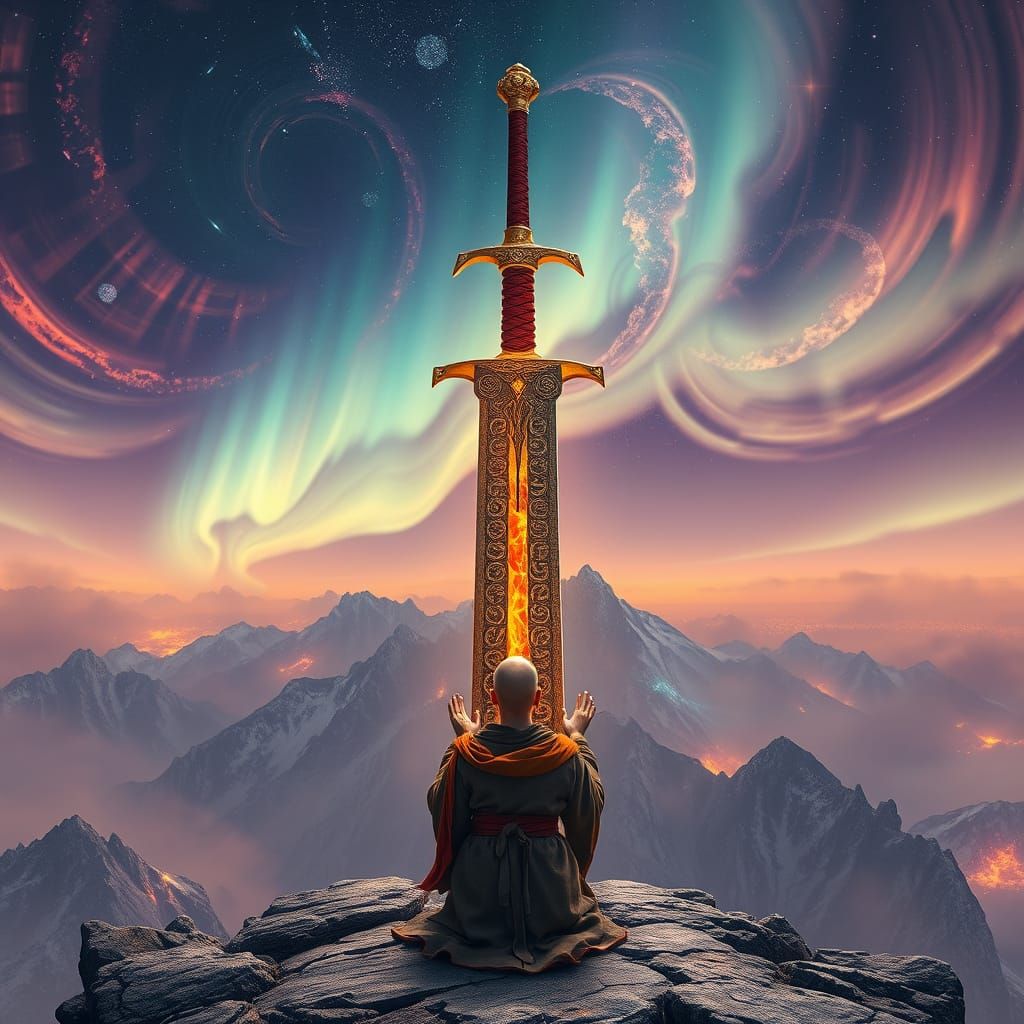 A colossal, divine sword of unparalleled majesty—twice the size of a ...