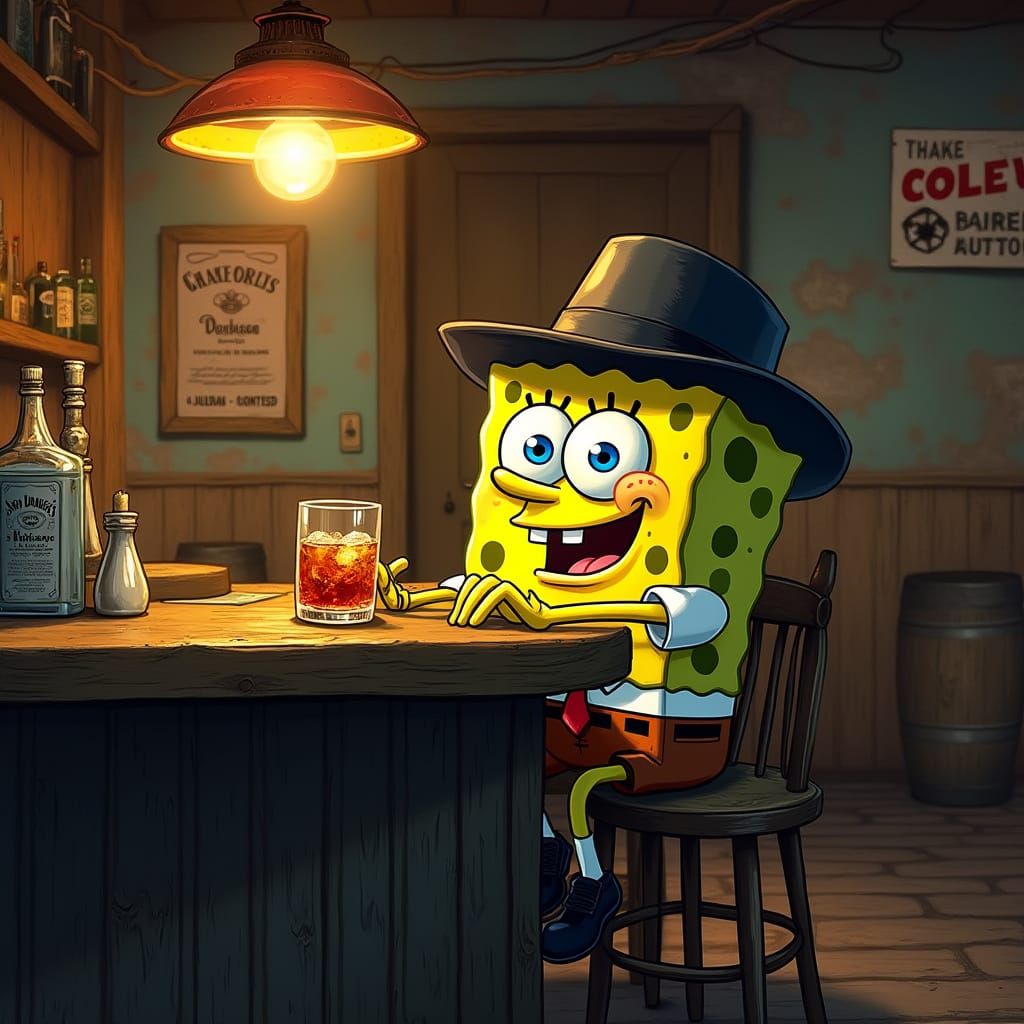 SpongeBob in a Gritty, Whimsical Whiskey Bar Scene - AI Art