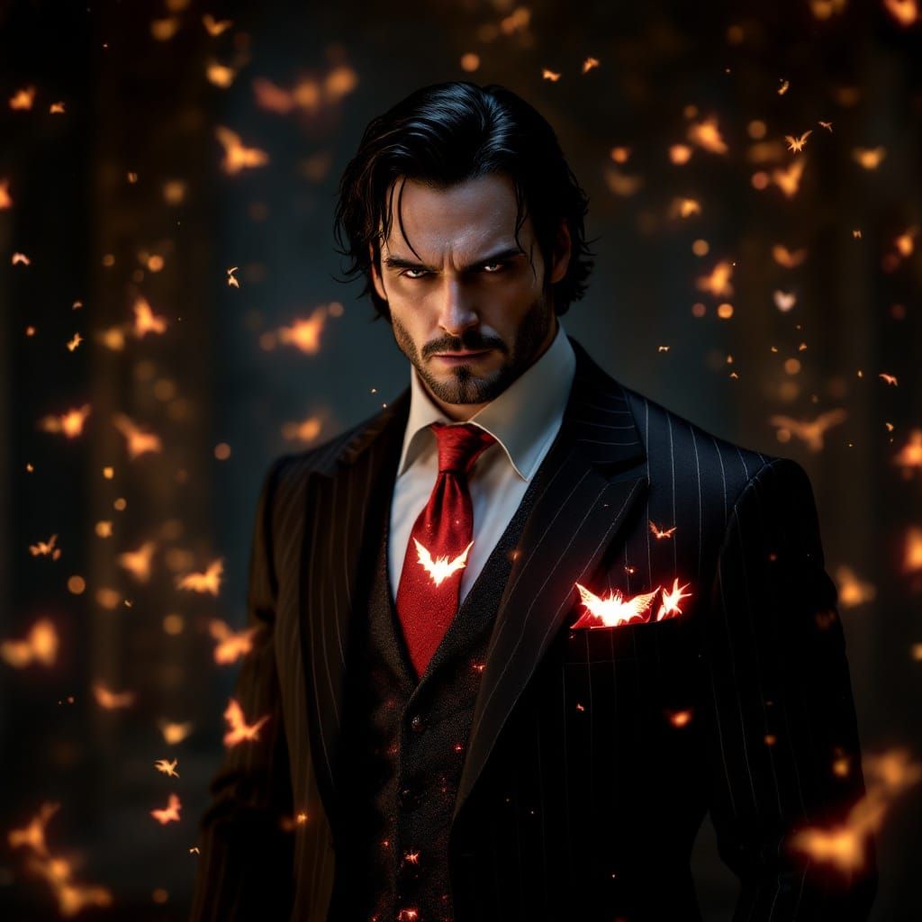 Ethereal Bruce Wayne in Black Pin-Striped Formal A... - AI Art