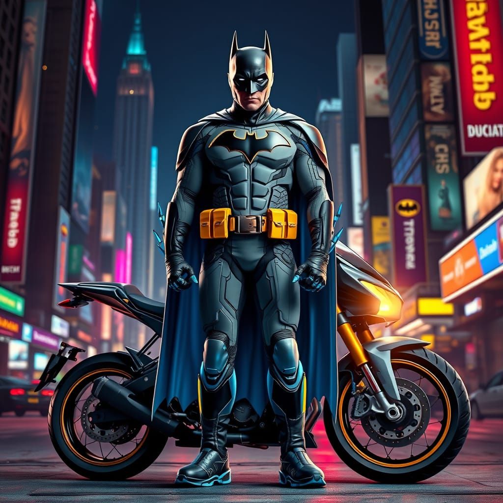Batman in High-Tech Suit Stands Proudly in Gotham - AI Art