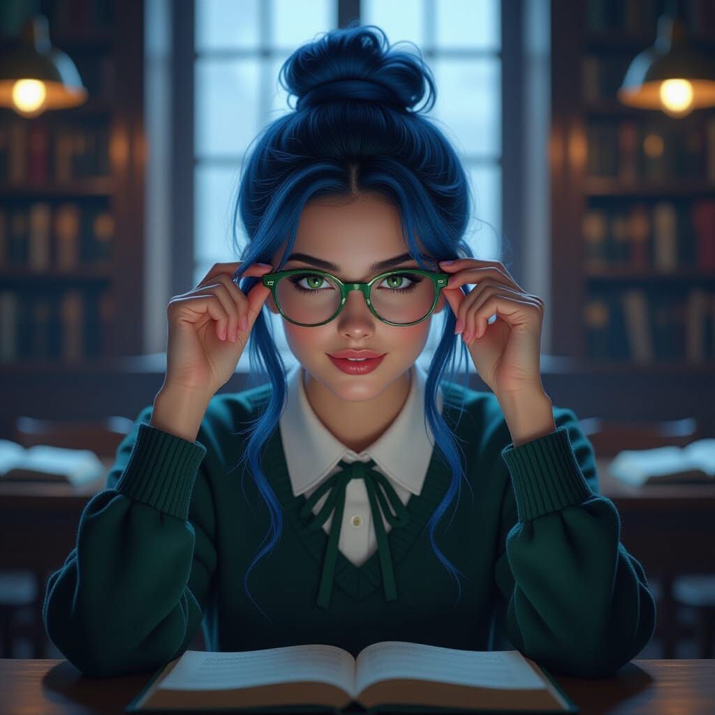 The Library - Blue-Haired Student in Library, Cinematic Digi...