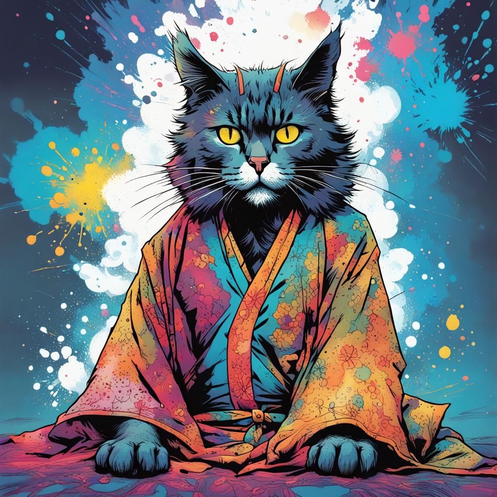 Ink splatter colourful hippy cat in a kaftan - AI Generated Artwork ...