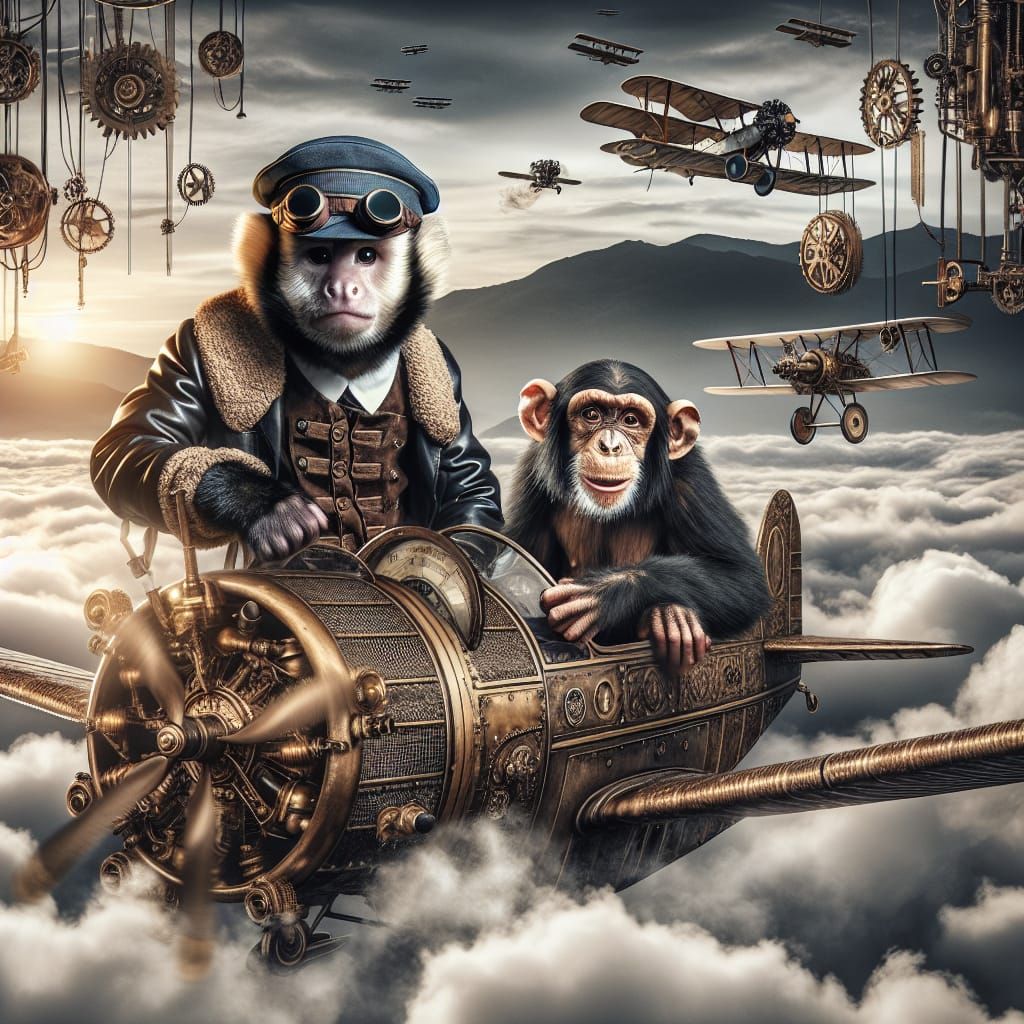 Capuchin macaque in airborne style image like a steampunk pilot and ...