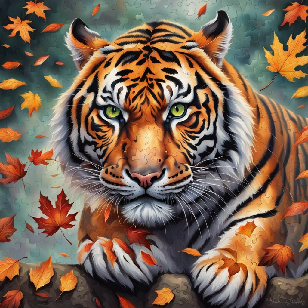 Realistic Portrait of a Tiger with fierce and colourful leaves falling ...