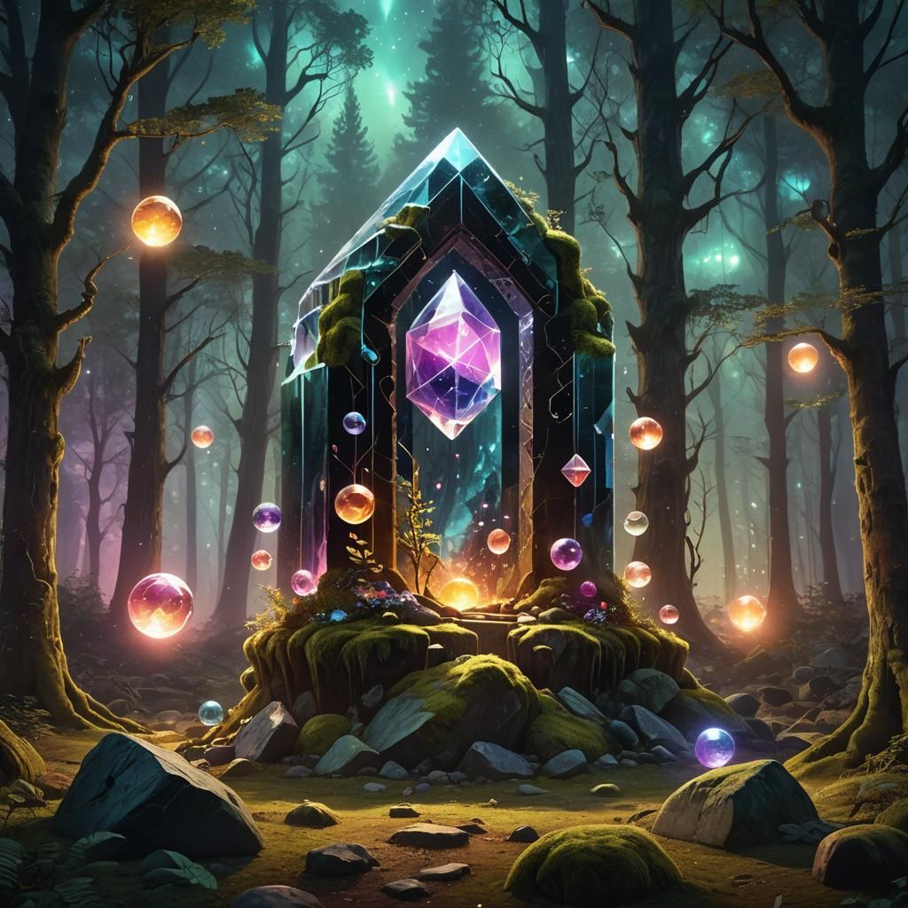 A fantasy picture of a massive glowing quartz crystal prism monument in ...