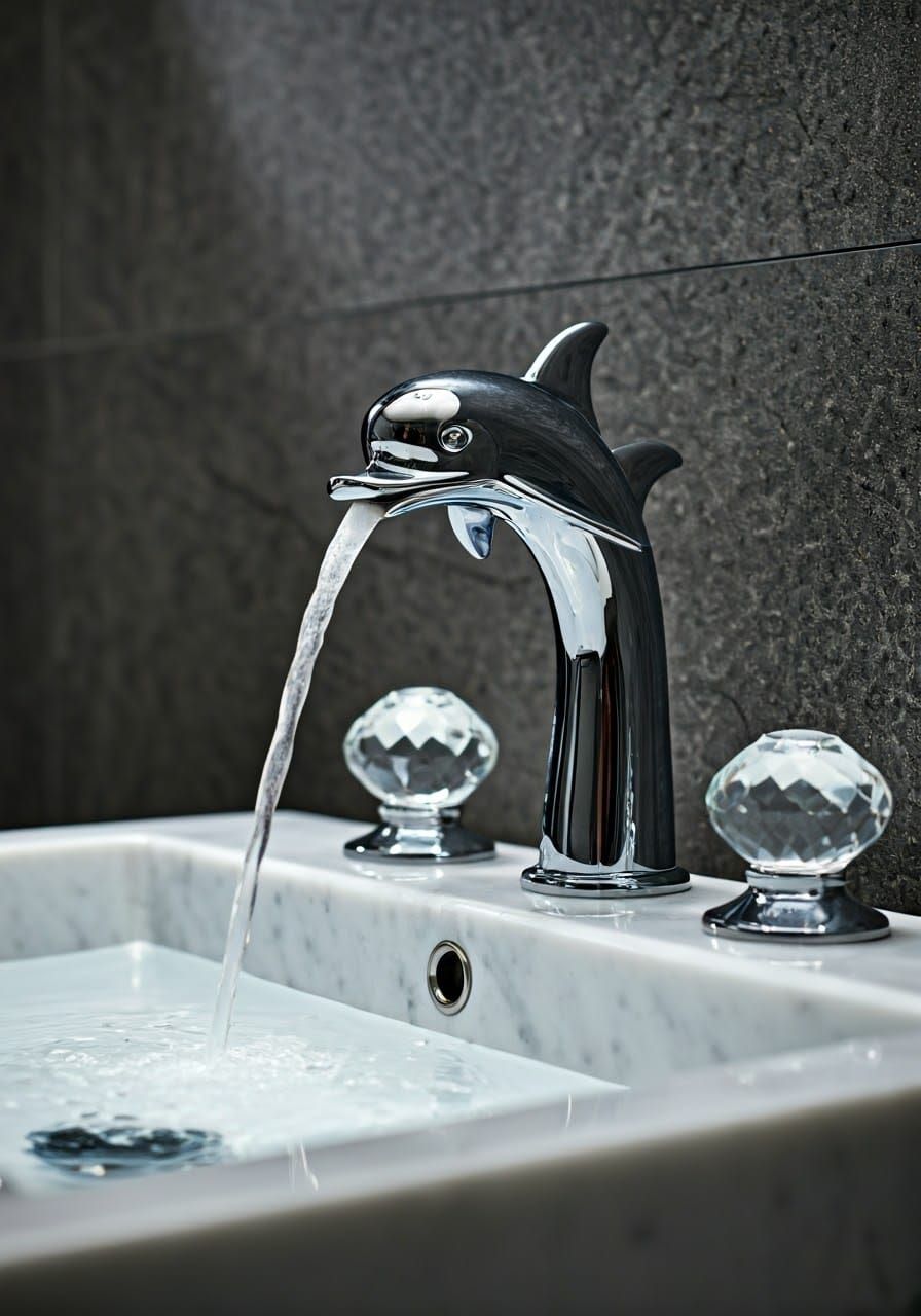 A chrome dolphin-shaped faucet. - A chrome dolphin-shaped fa...
