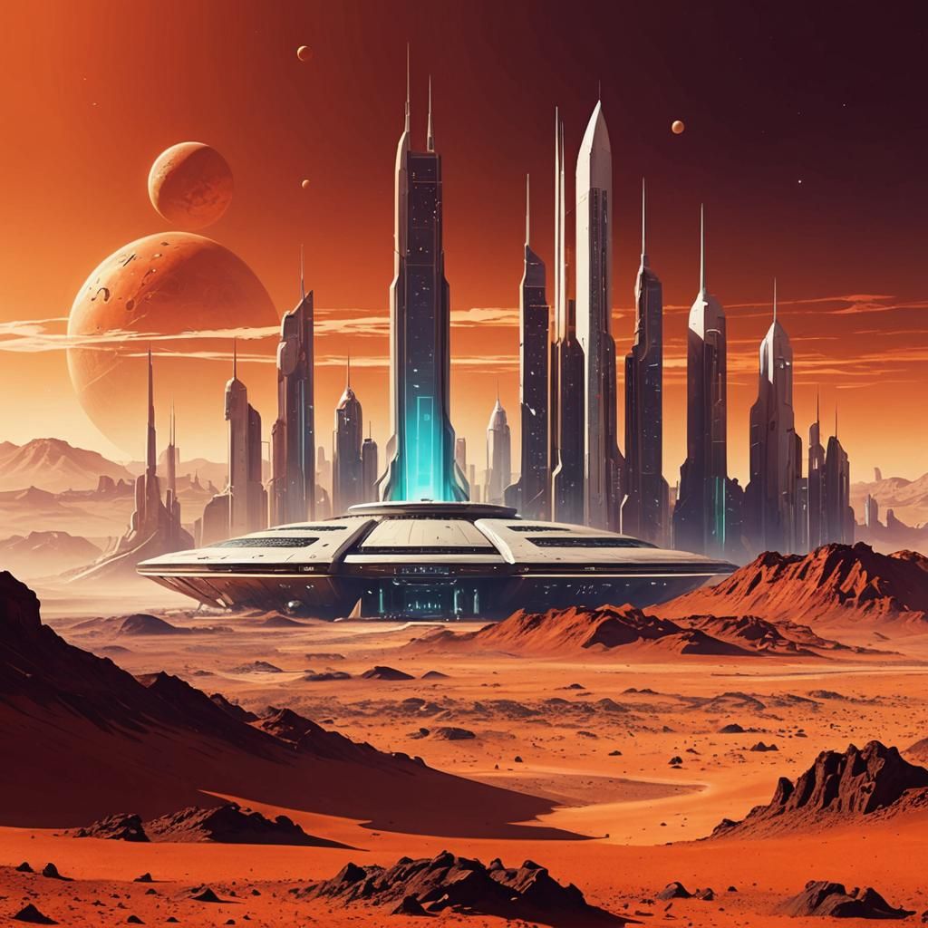 Retrofuture city on mars, art of Paul farkas - AI Generated Artwork - NightCafe Creator