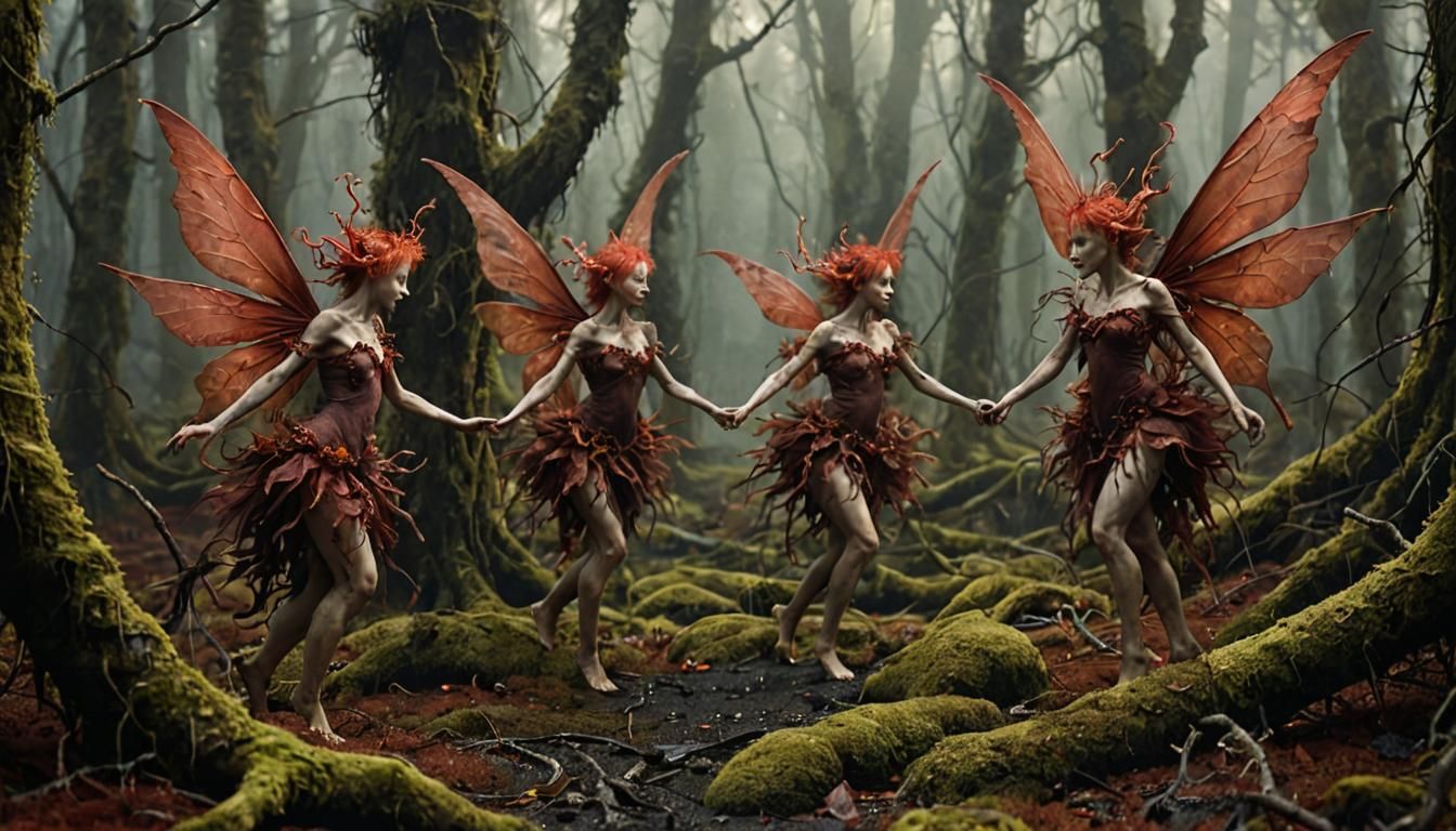 Whimsical Dark Fantasy Fairies Dancing in a Gnarle... - AI Art