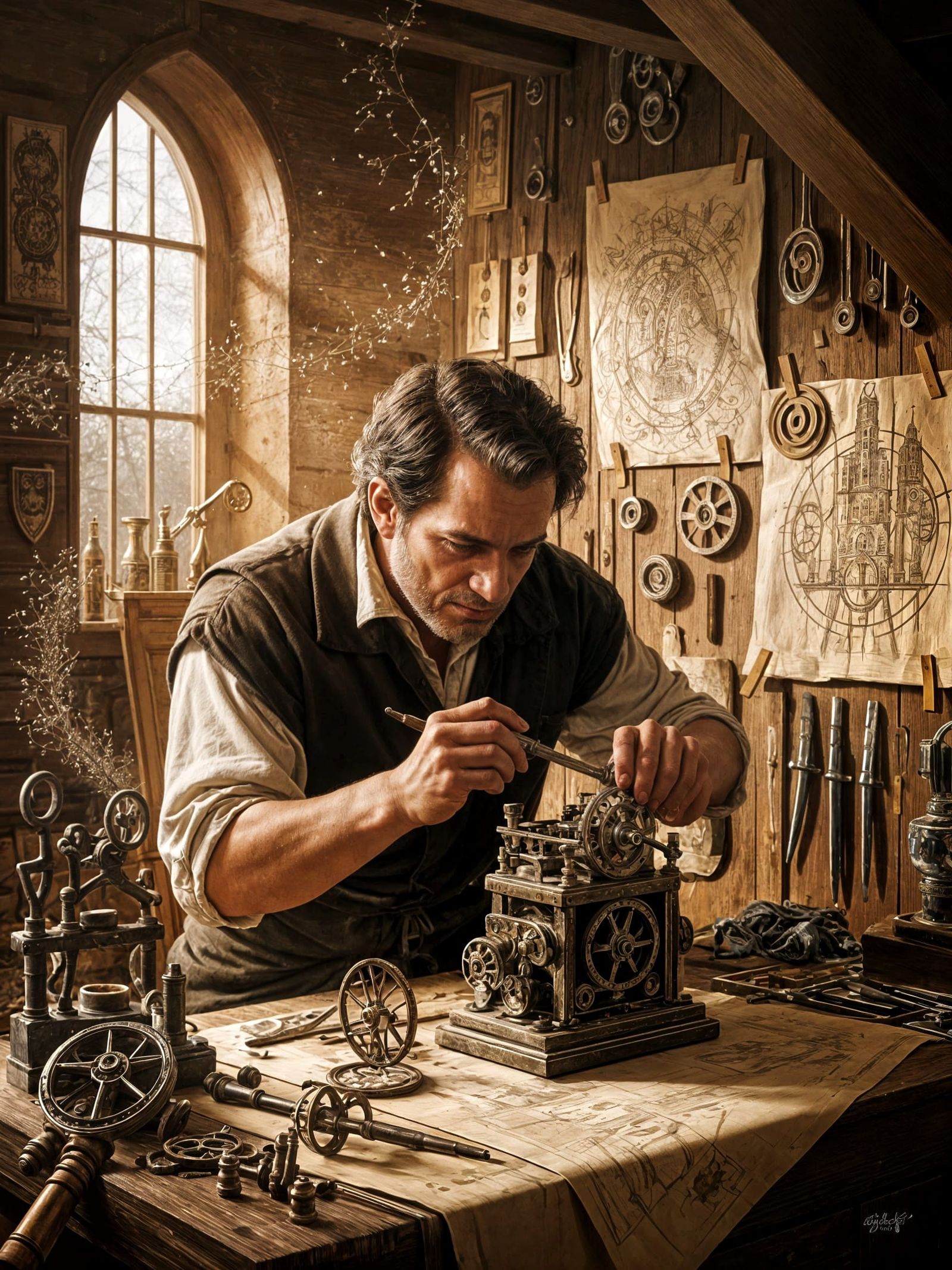 the inventor in his workshop- Daily challenge #904 - NightCafe