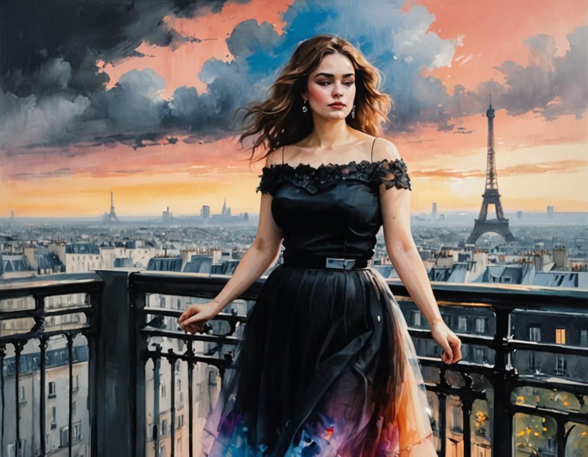 Oil painting of elegant French woman wearing short black tulle dress ...