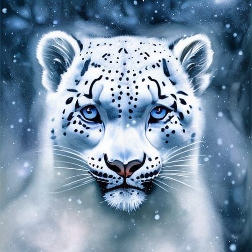 highly intricately detailed fluid gouache illustration of a celestial white snow leopard in a ...