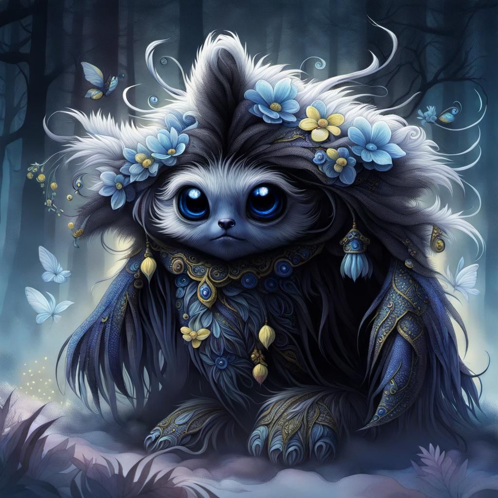 adorable furry little monster with large expressive eyes, bioluminescence flowers in background ...