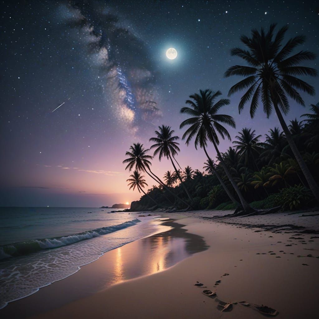 Ethereal Moonlit Beachscape with Golden Sands and ... - AI Art