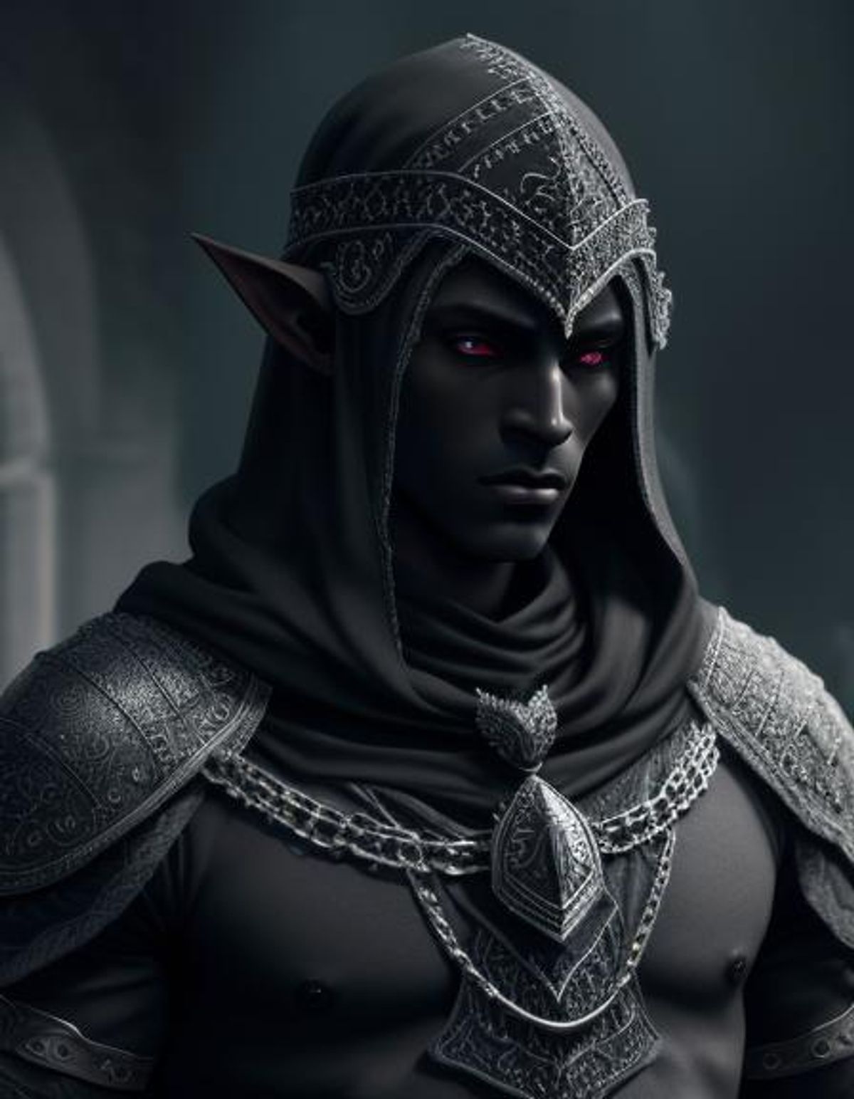 male dark drow elf wizard, completely dark grey skin, dark elf, deep ...