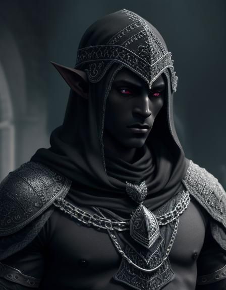 male dark drow elf wizard, completely dark grey skin, dark elf, deep ...