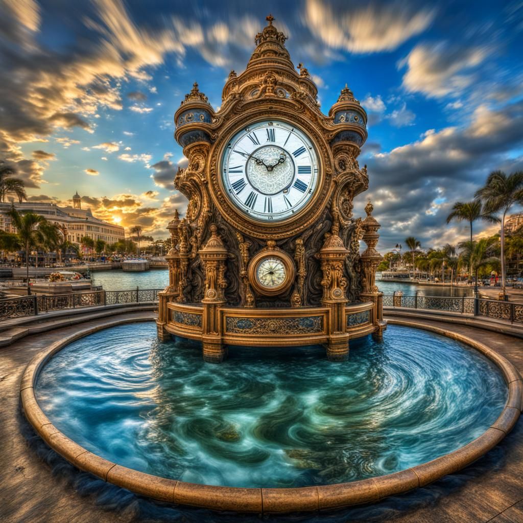 A whirlpool of water in the ocean with a giant elaborate clock in its ...