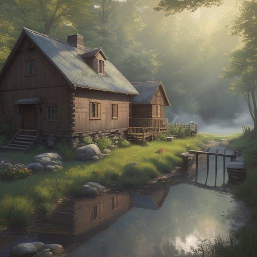 A rustic waterwheel turning beside a quiet cabin in the woods By artist ...