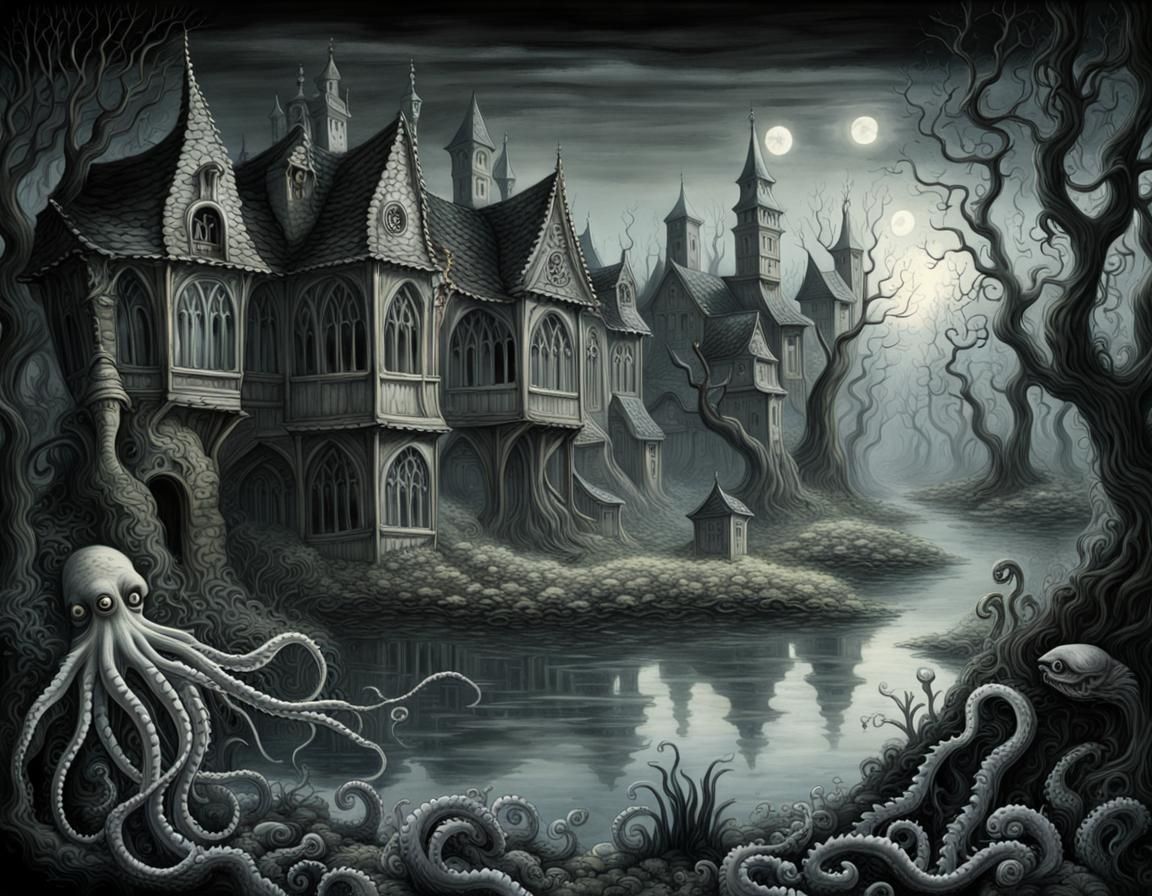 Village with a pond ... and an infestation in the pond - AI Generated Artwork - NightCafe Creator