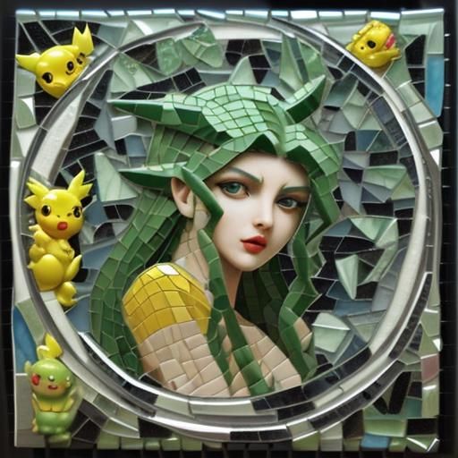 MEDUSA IS IN LOVE WITH PICKACHU IN GLASS MOSAIC STYLE - AI Generated Artwork - NightCafe Creator