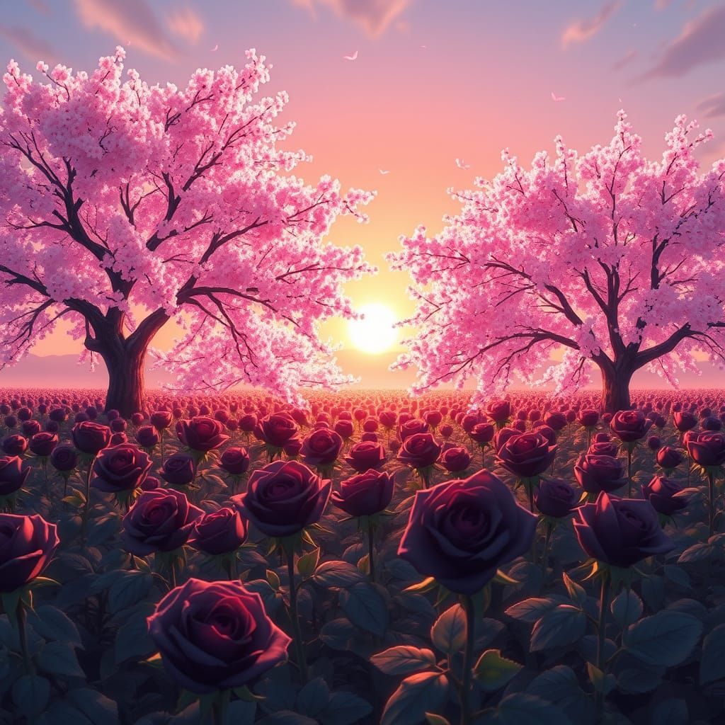 Black Roses Surround Majestic Cherry Blossoms in W... - AI Art