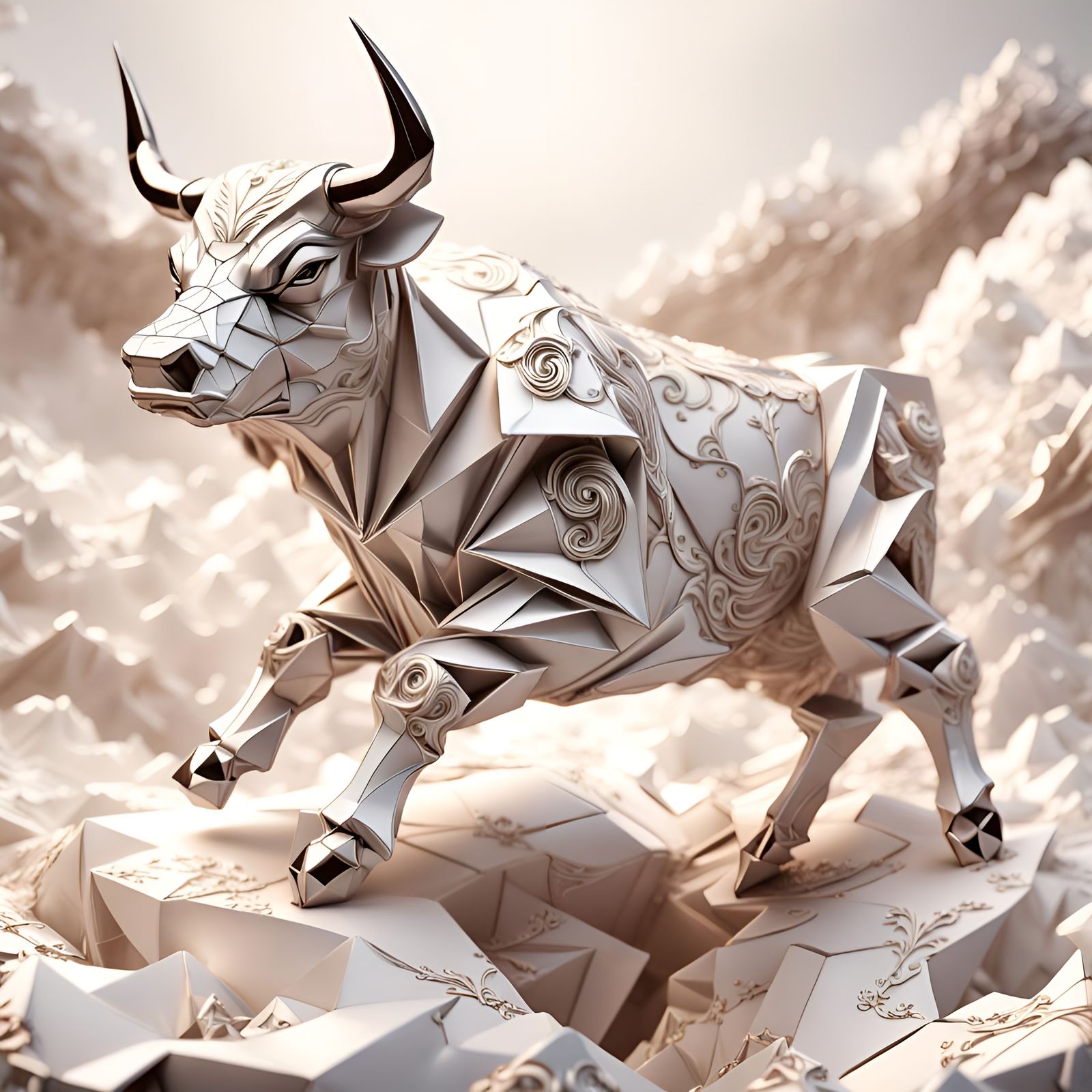 (white washi) A origami leaping ox on white clouds, ethereal ...