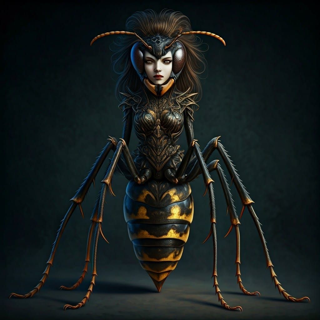 Horrifying Fey Wasp Creature with Woman's Head - AI Art