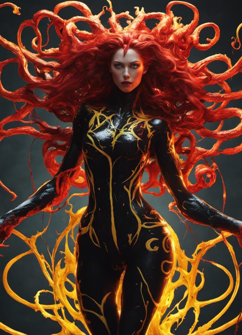 female symbiote transformation, crazed, alluring portrait, red and ...