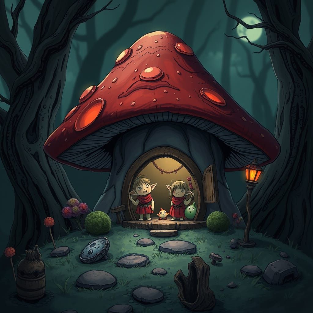 Dark Fantasy Sprite Family in Mushroom Abode - AI Art