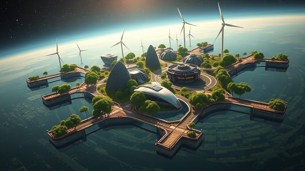 Visualising a floating solarpunk settlement above Earth