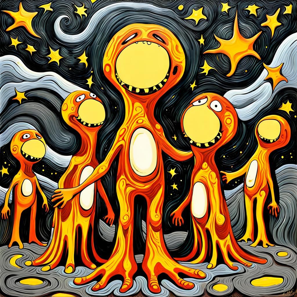 A starry nights made of molten iron, a masterpiece of modeling, magical ...