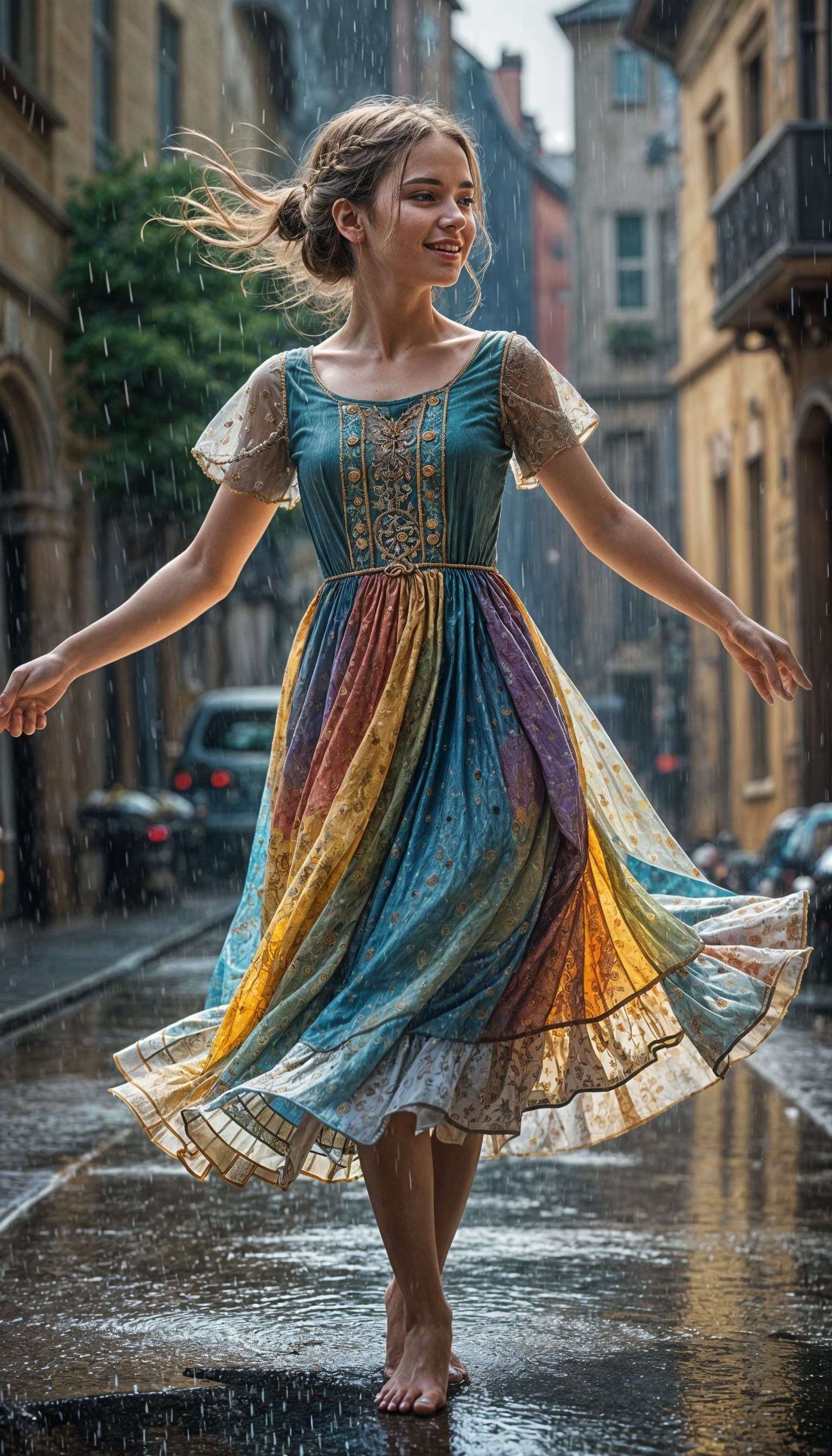 Drenched Woman Dances in Summer Rain: Watercolor A... - AI Art