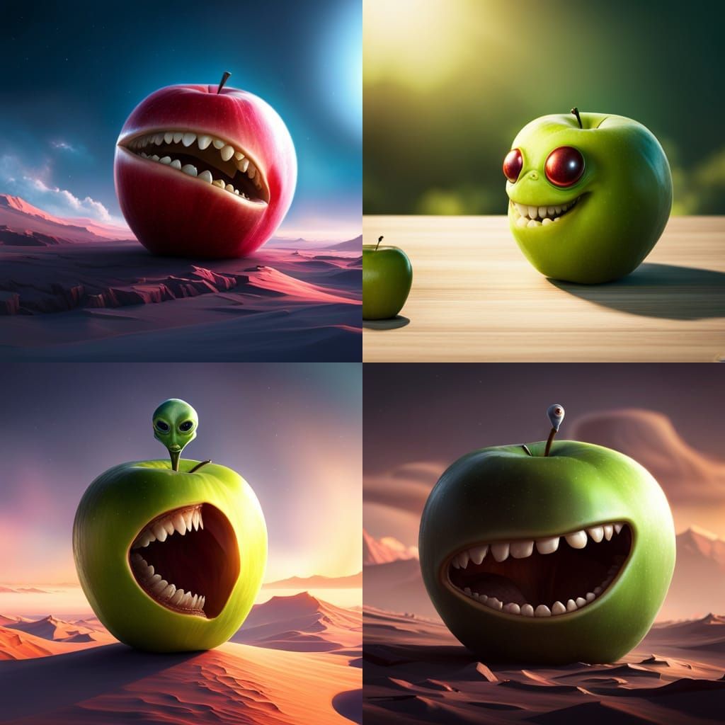 An alien worm poking his head out of a stunning apple. Epic cinematic ...