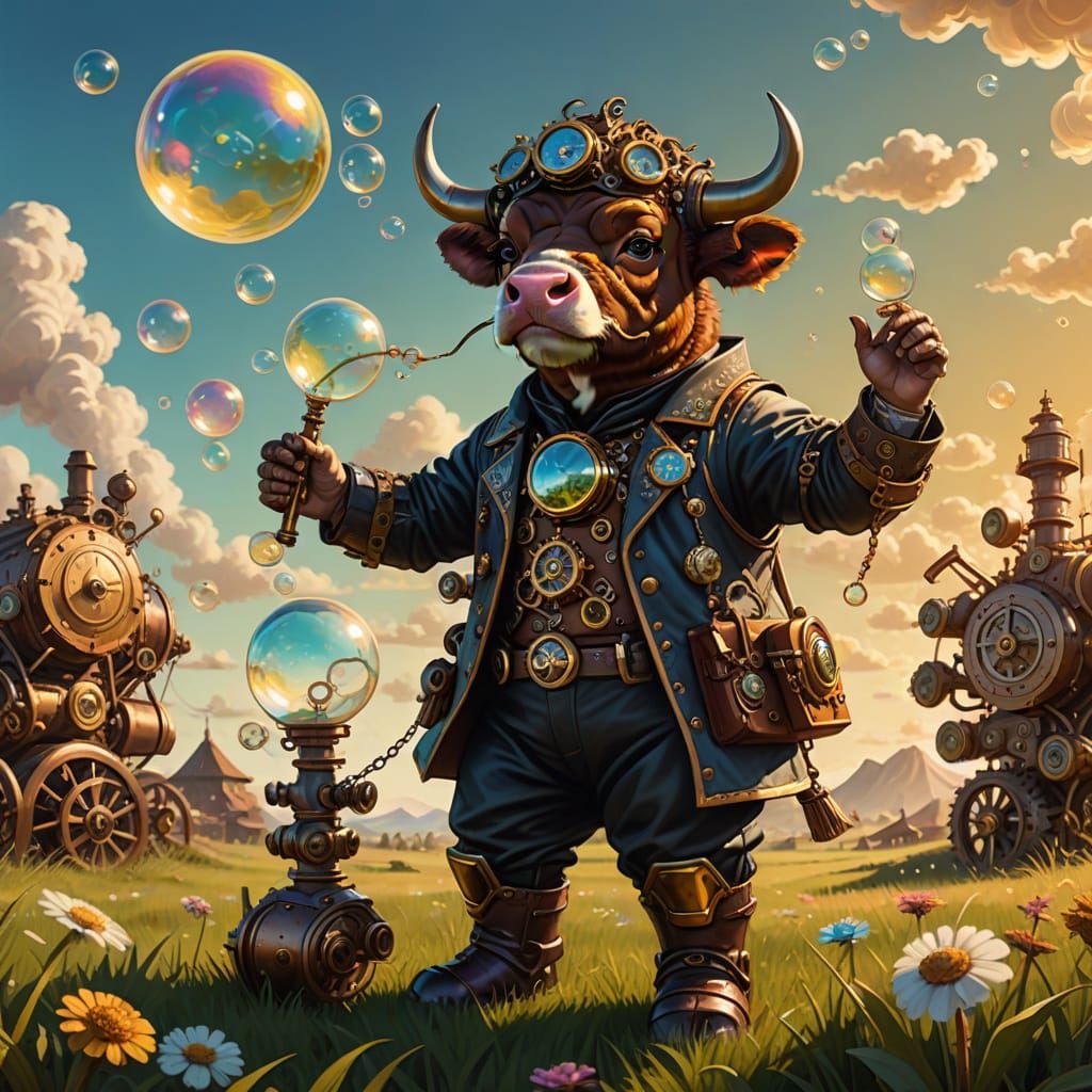 Steampunk Toddler Bull Blows Bubbles in Clockwork ... - AI Art