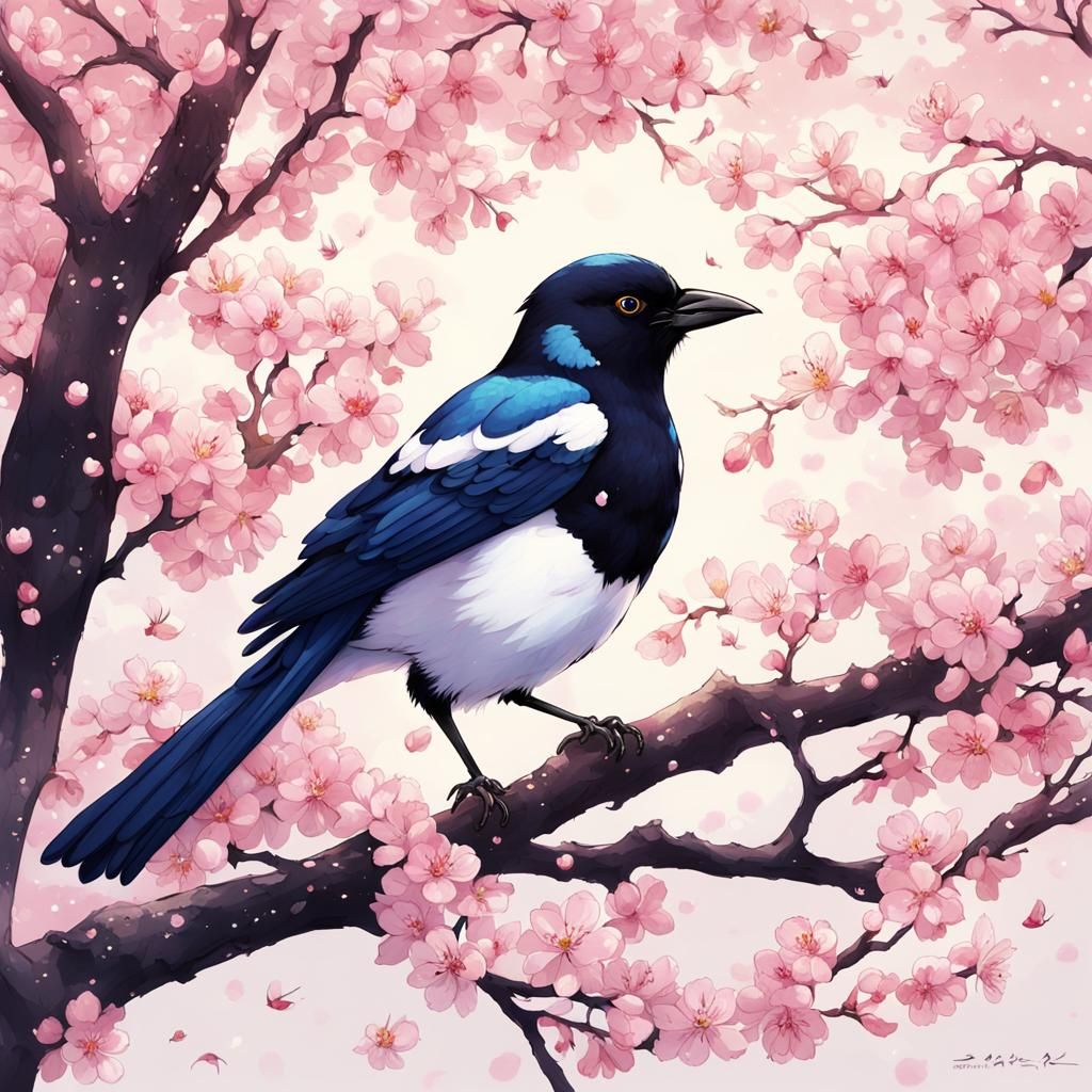 Magpie sitting on a branch among cherry blossoms - AI Generated Artwork ...