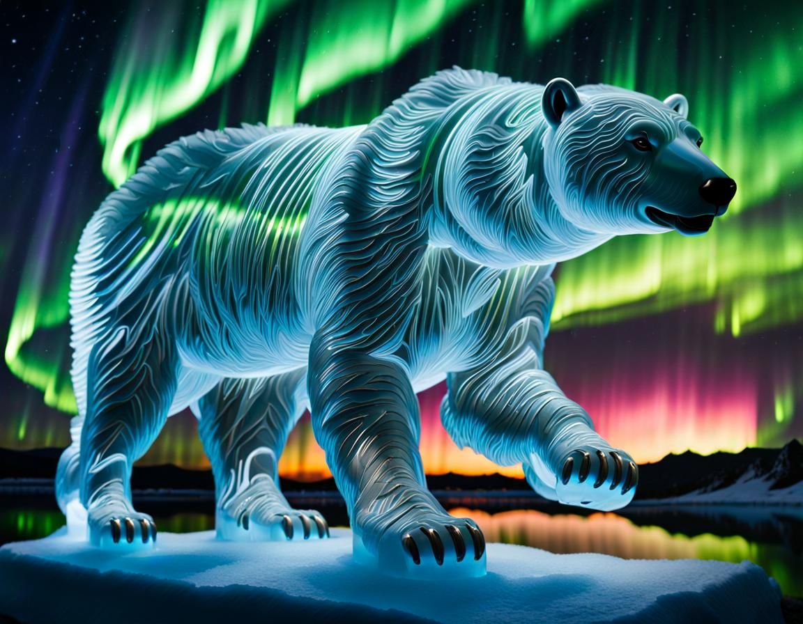 Intricately detailed 3d clear ice sculpture of a fierce polar bear ...