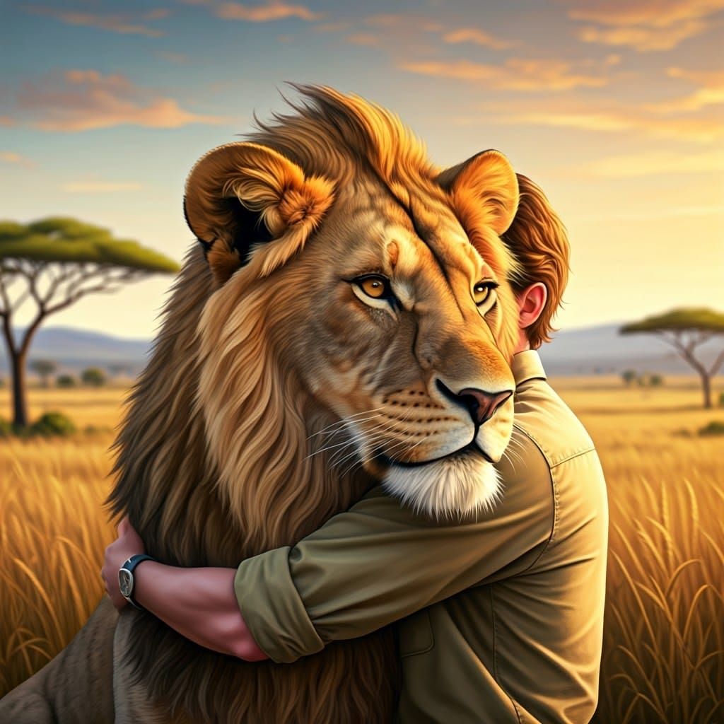 Hugging a lion - A Lion's Gentle Companion in a Golden Savan...
