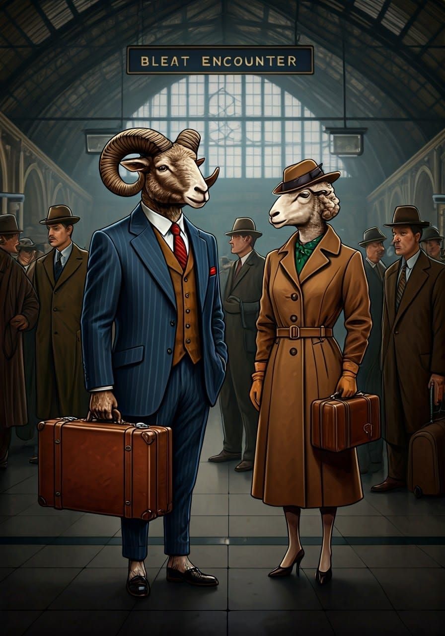 Ram and Ewe Meet in Film Noir Style on Bustling Tr... - AI Art