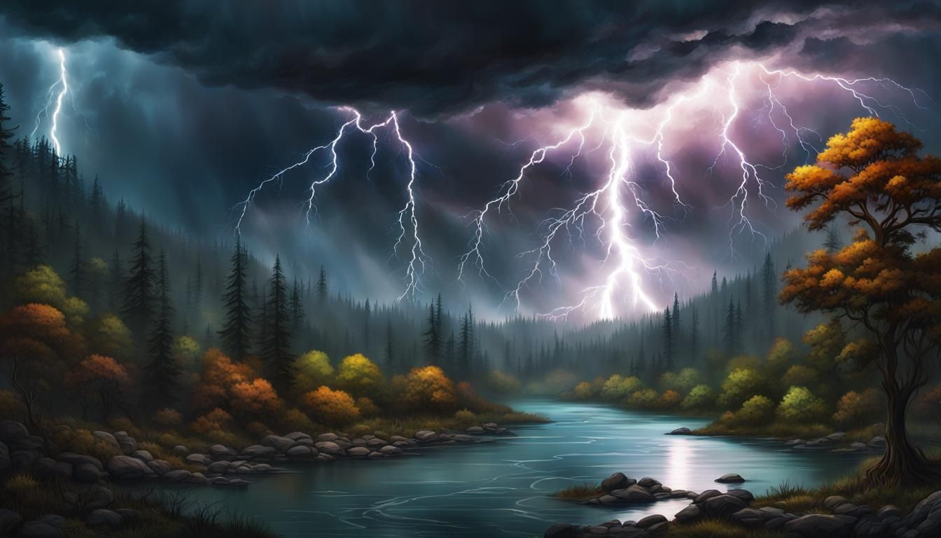 fantasy wilderness landscape, lightning storm, sinister, eerie, ominous ...