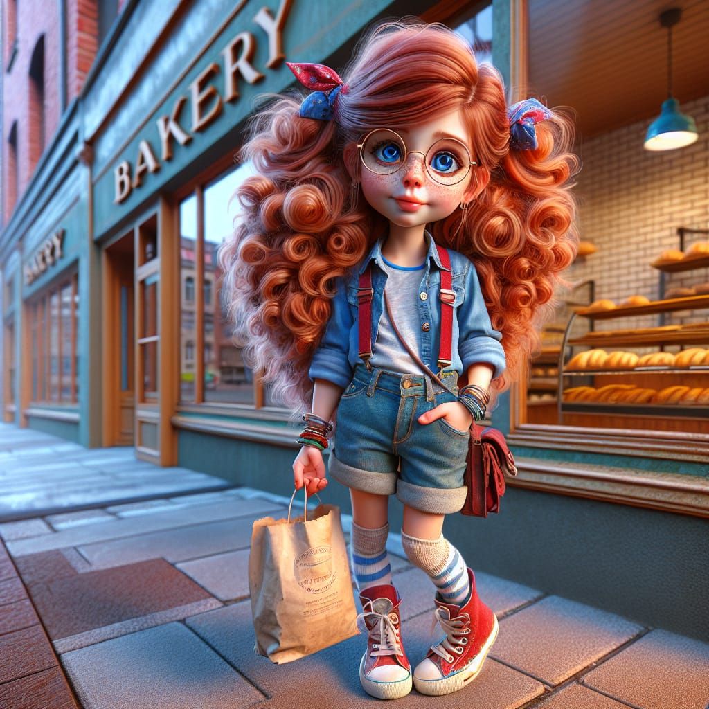 7 year old girl with long red curly hair, big blue eyes and round glasses,
